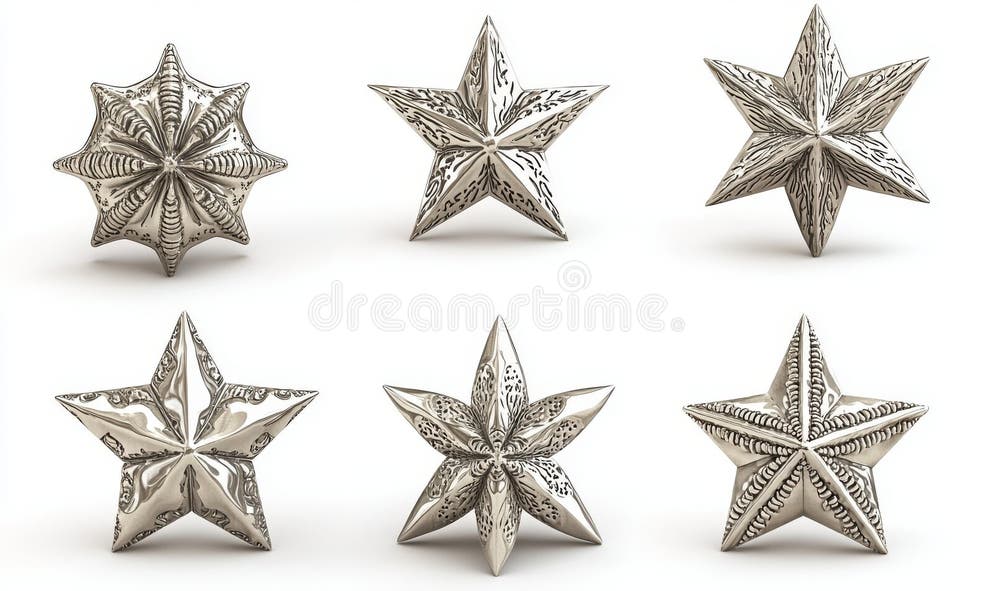 3D Illustration Set with Silver Star Viewed from Different Angles Stock ...