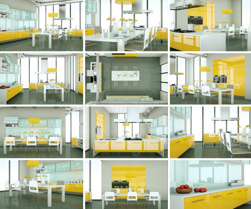 Set of Yellow Kitchens in Modern Interior Design Stock Illustration ...