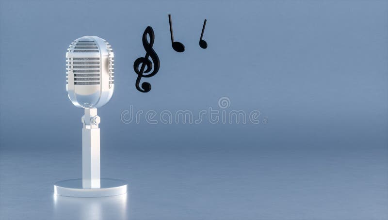 3D Illustration. Shiny Silver Metal Microphone with Musical Notes Stock ...
