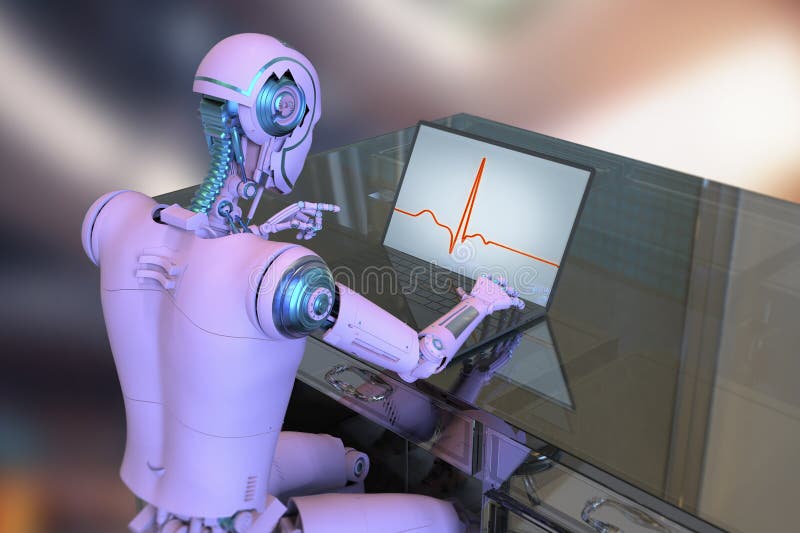 A 3D Illustration Showcasing a Humanoid Robot Working with a Laptop ...