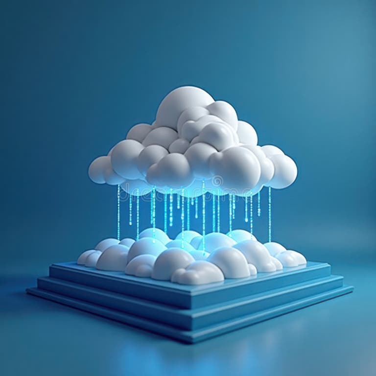 3D Illustration Shows Cloud Computing Tech Concept. Big White Cloud on Blue Podium. Blue Light ...