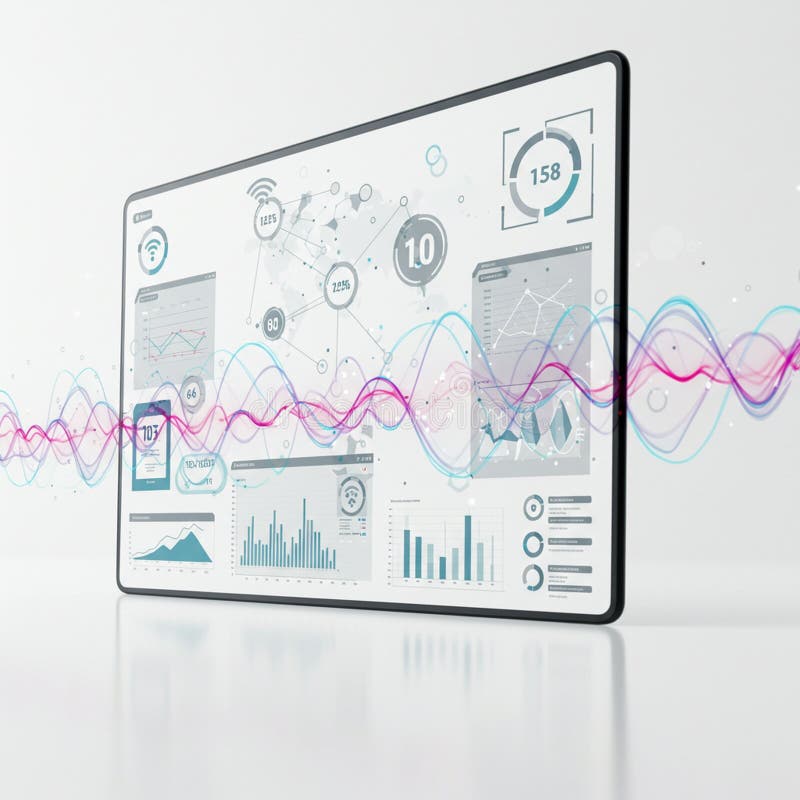 A 3D Illustration Shows a Digital Interface with Various Analytical ...