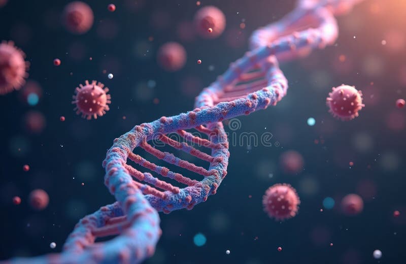 3D Illustration Shows DNA Helix Interacting with Floating Molecules ...