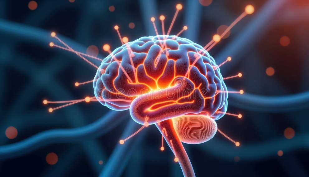 3D Illustration Shows Human Brain with Highlighted Neural Network ...