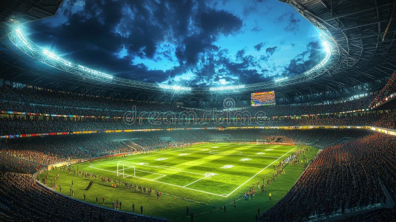 A 3D Illustration Shows Night Falling Over a Cricket Stadium. Stock ...