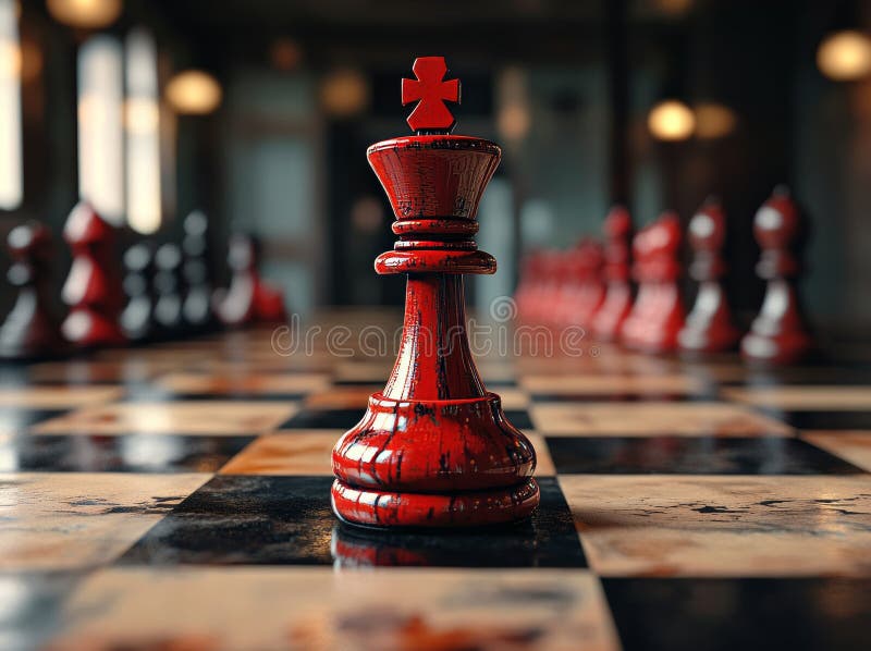 A 3D Illustration Shows a Red Chess King between White and Black Pawns ...