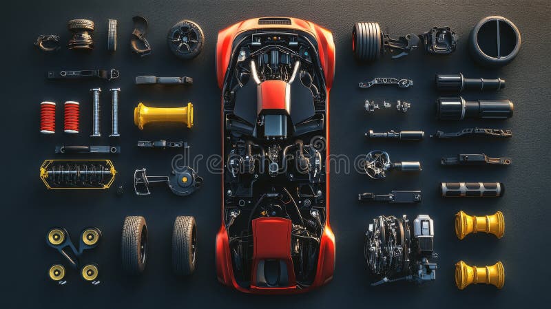 This 3D Illustration Shows Various Car Parts and Accessories from ...