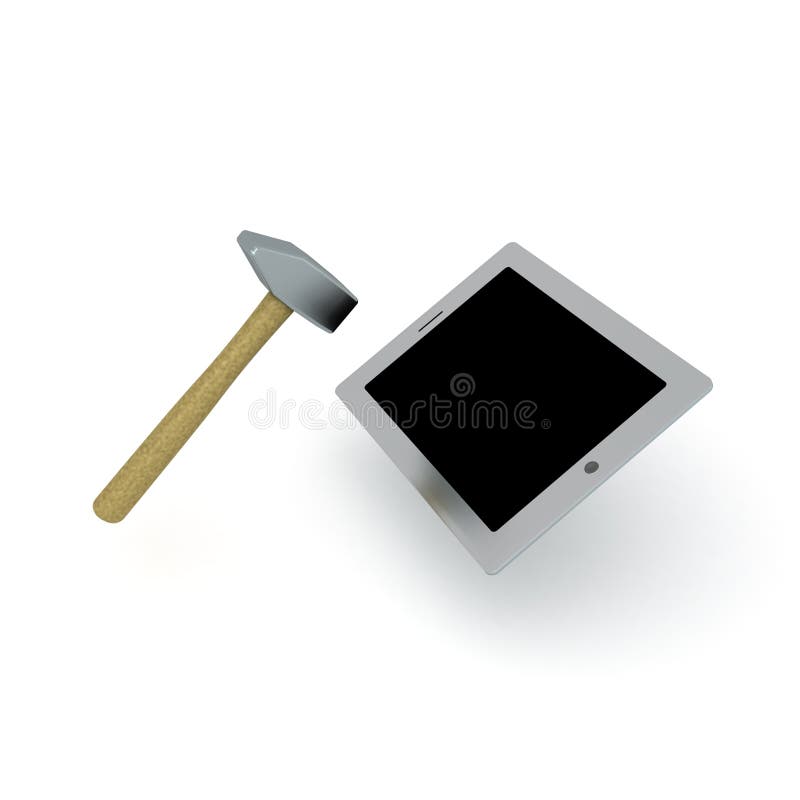 3D Illustration of Sledgehammer Smashing Tablet Device Stock ...