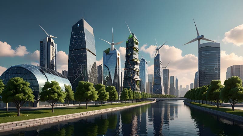 3D Illustration of a Smart City Powered by Renewable Energy and AI ...