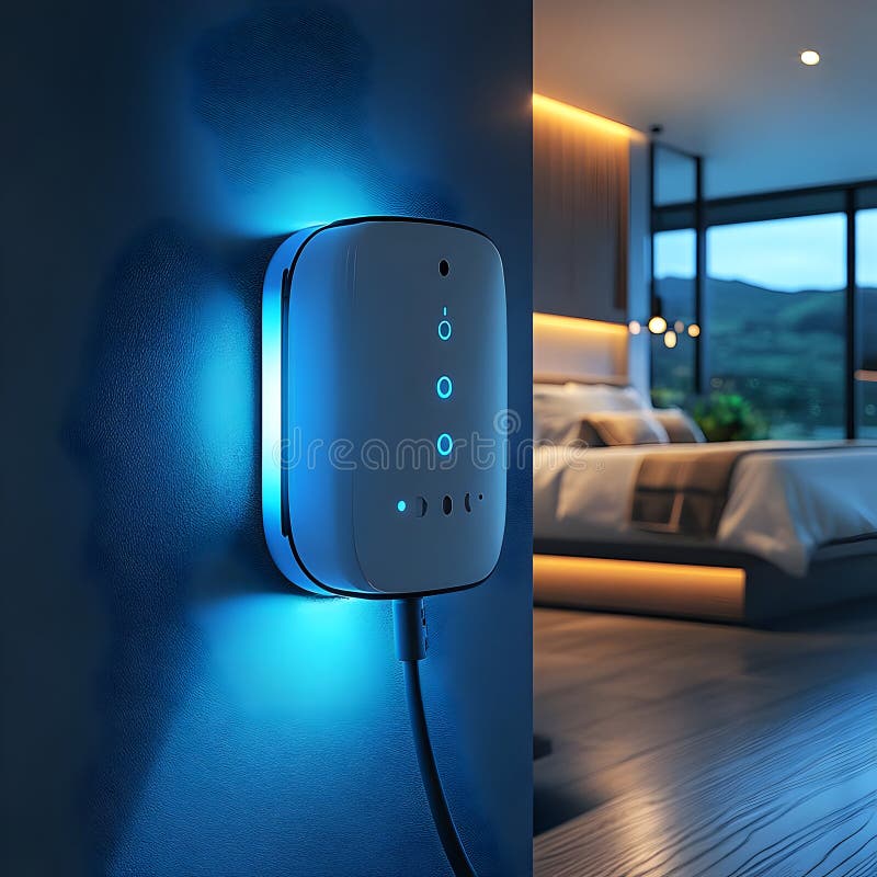 3D Illustration of a Smart Home Wall Socket with Blue Light Stock ...