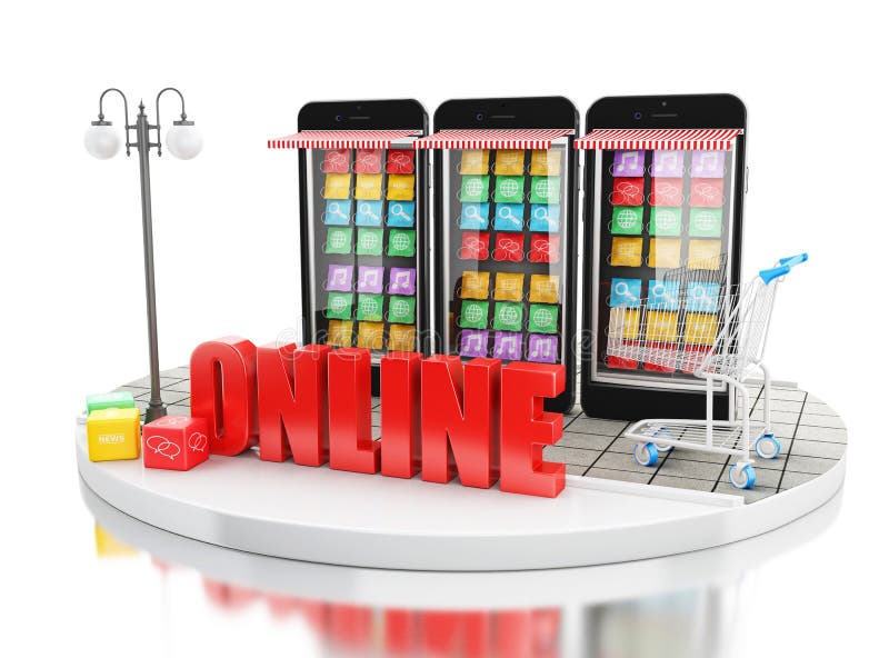 3d E-commerce, Smartphone with Mobile App Stores. Stock Illustration ...