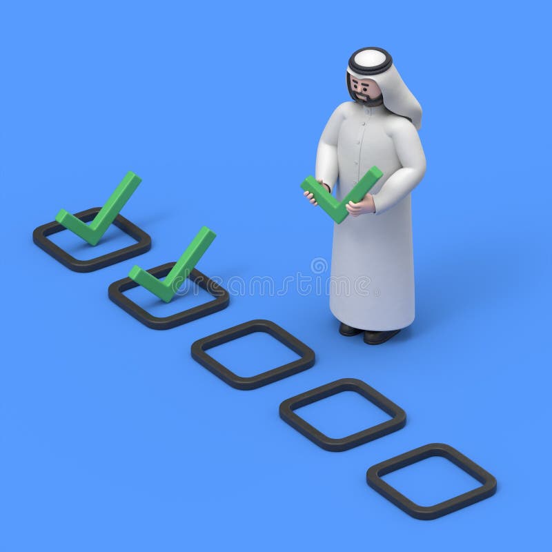 3D Illustration of Smiling Arab Man Hadi Putting Check Mark in the Box ...