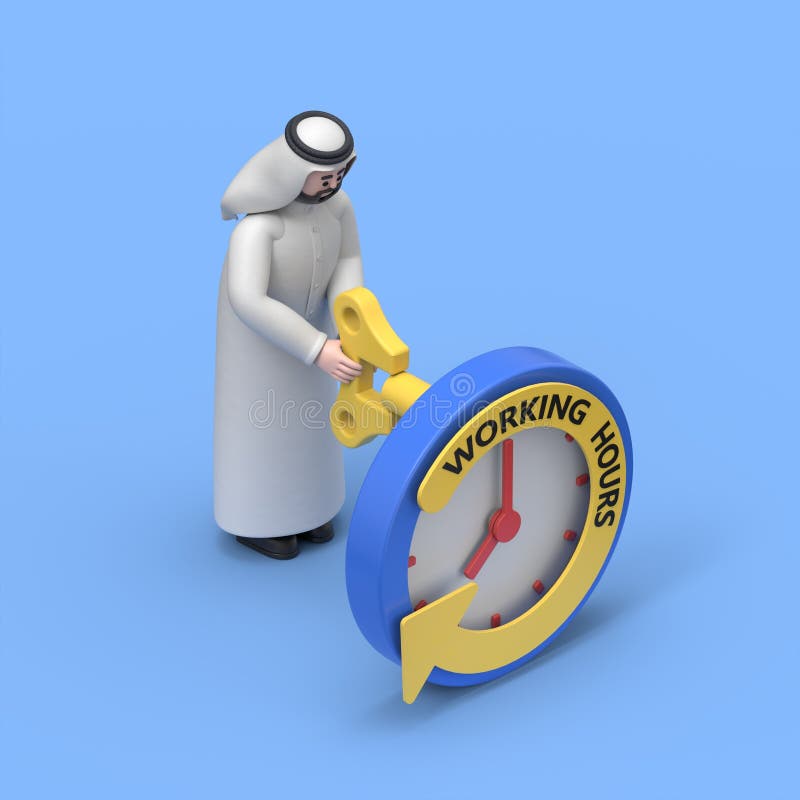 3D Illustration of Smiling Arab Man Hadi Winds the Clock with a Key.3D ...