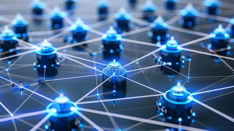 3D Illustration of a Sophisticated Global Network with Nodes and Data ...