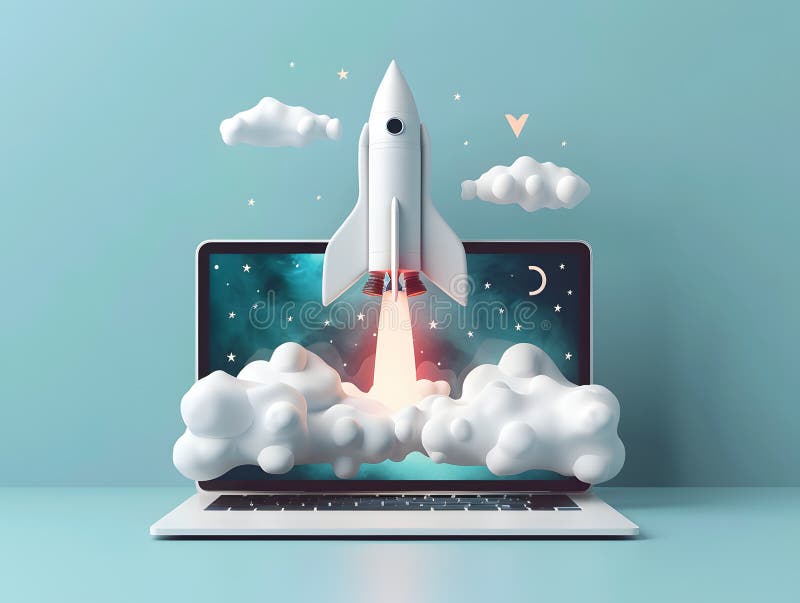 Rocket Launch from Laptop Screen in 3D Art Stock Illustration ...