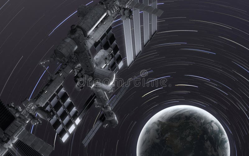 3D Illustration of Space Station at Earth Orbit. 5K Realistic Science ...
