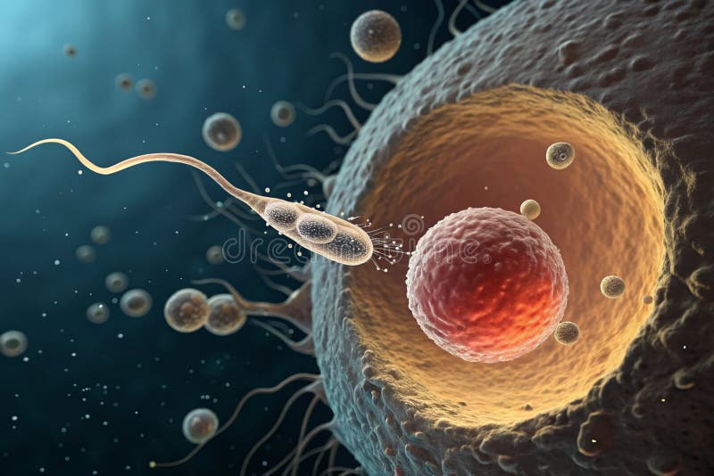 3D Illustration Sperm Approaching Egg Cell, Ovum- Natural Fertilization ...