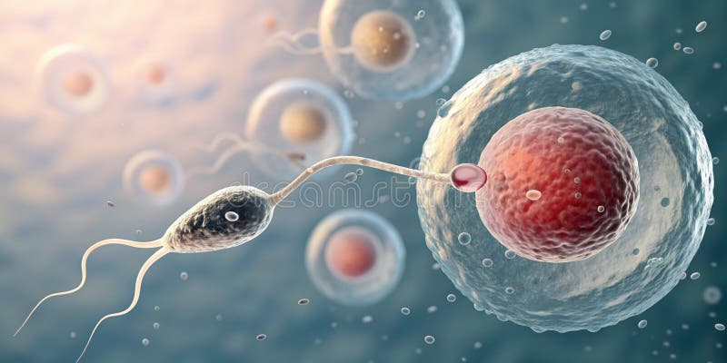3D Illustration Sperm Approaching Egg Cell, Ovum- Natural Fertilization ...