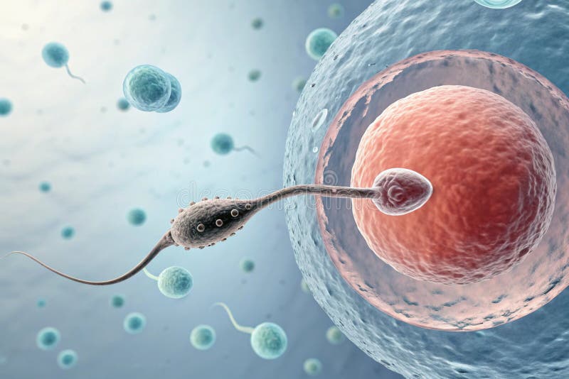 3D Illustration Sperm Approaching Egg Cell, Ovum- Natural Fertilization ...
