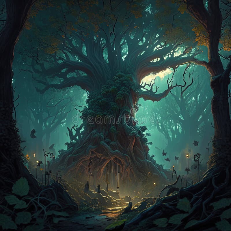 3D Illustration of a Spooky Forest in the Light of the Setting Sun ...