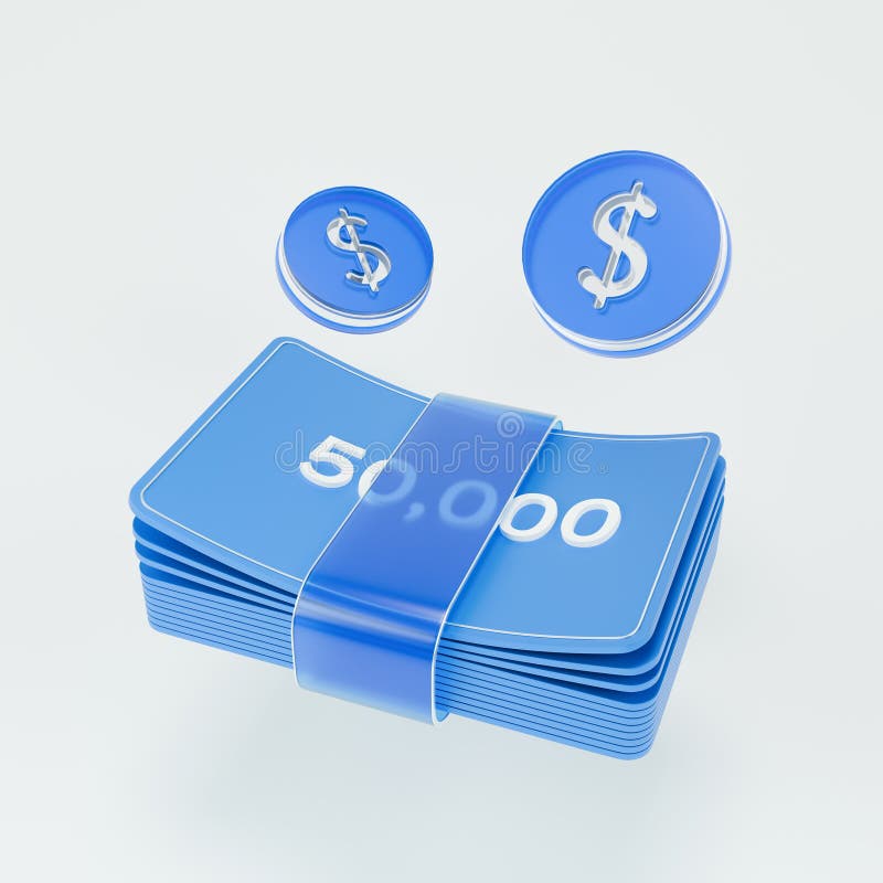 A 3D Illustration of a Stack of Banknotes and Surrounded by Blue Coins ...
