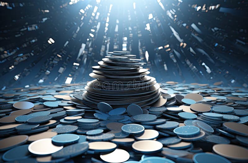 3d Illustration of Stack of Coins Over Blue Background with Light Rays ...