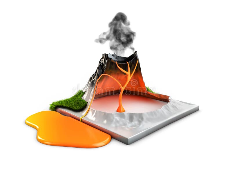 3d Illustration. Structure of Volcano, Grass and Eruption Lava, Hot ...