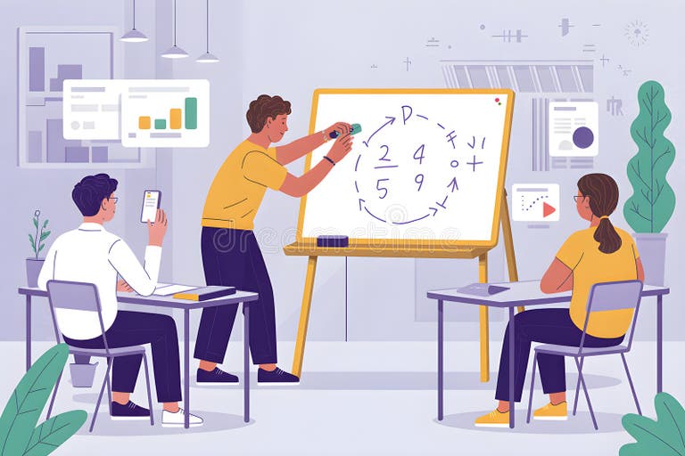 2D Illustration of Student Solving Problem at Blackboard with ...