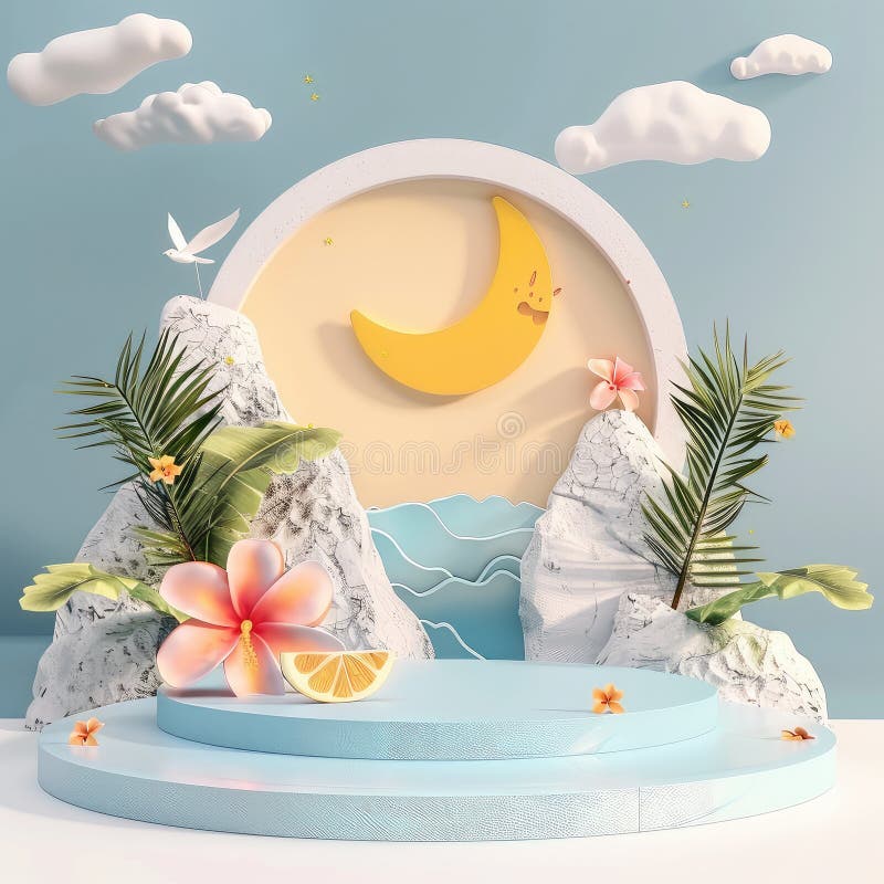 3D Illustration of a Summer Beach Scene with a Crescent Moon, Palm ...