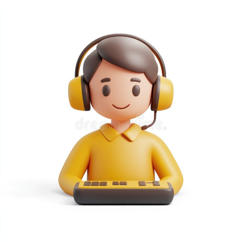Smiling 3D Cartoon Customer Support Agent with Headset Using Keyboard ...
