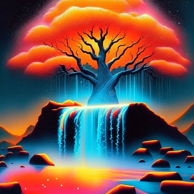 3d Illustration of a Surreal Landscape with a Tree and a Waterfall AI ...