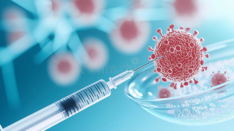 3D Illustration of Syringe Injecting into Virus Cell in Laboratory ...