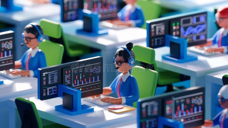 3D Cartoon Customer Service Team Working at Desk with Headsets and ...