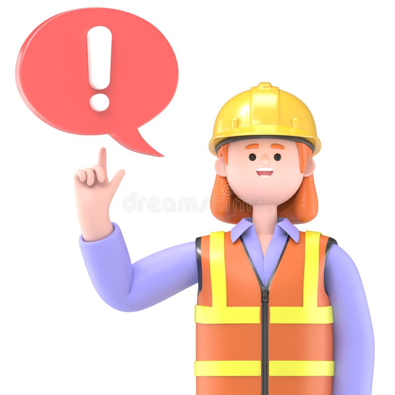 3D Illustration of a Thinking Female Engineer Pam with Exclamation Mark ...