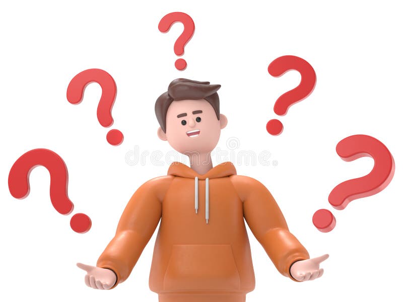3D Illustration of Thinking Male Guy Qadir Surrounded by Question Marks ...