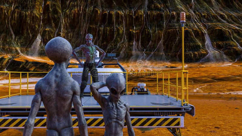 Illustration of Three Aliens with One Talking from a Mining Platform ...