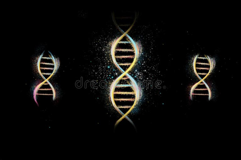 3d Illustration Three Dna Molecules Made of Small Nanoparticles Glow on ...