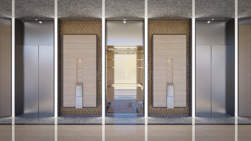 3D Illustration. Three Elevators Doors in Office Building Stock ...