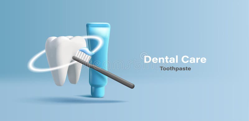 3D Illustration of a Tooth with Blue Tooth Paste Tube and Black Brush ...