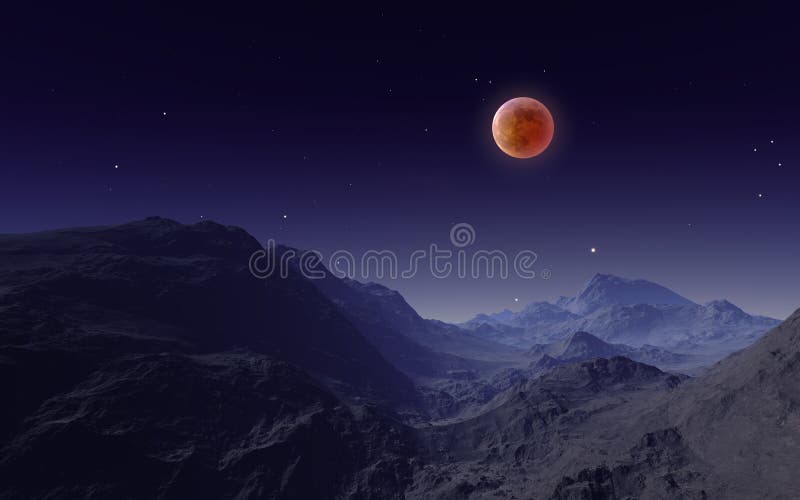 3D Illustration of Total Lunar Eclipse 2018 Over the Mountains Stock ...