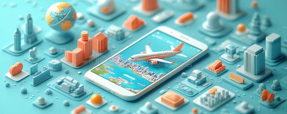 3D Illustration of a Travel App Interface with Airplane and Globe Stock ...