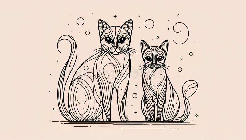 D Illustration of Two Cats, Featuring Intricate Li Stock Illustration ...