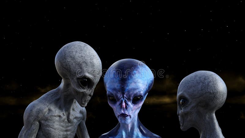 Illustration Of Two Gray Aliens Studying A Blue Extraterrestrial In ...