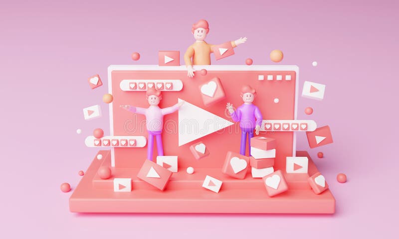 3D Illustration for Video Promotion with Cartoon Characters. Technology ...