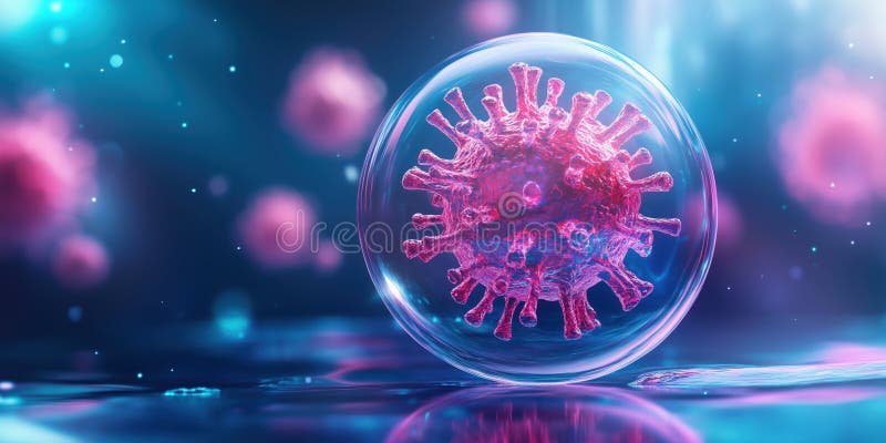 3D Illustration of Virus Cell in Glass Sphere with Glowing Background ...