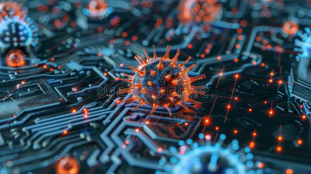 A 3D Illustration of a Virus Spreading on a Circuit Board, Representing ...