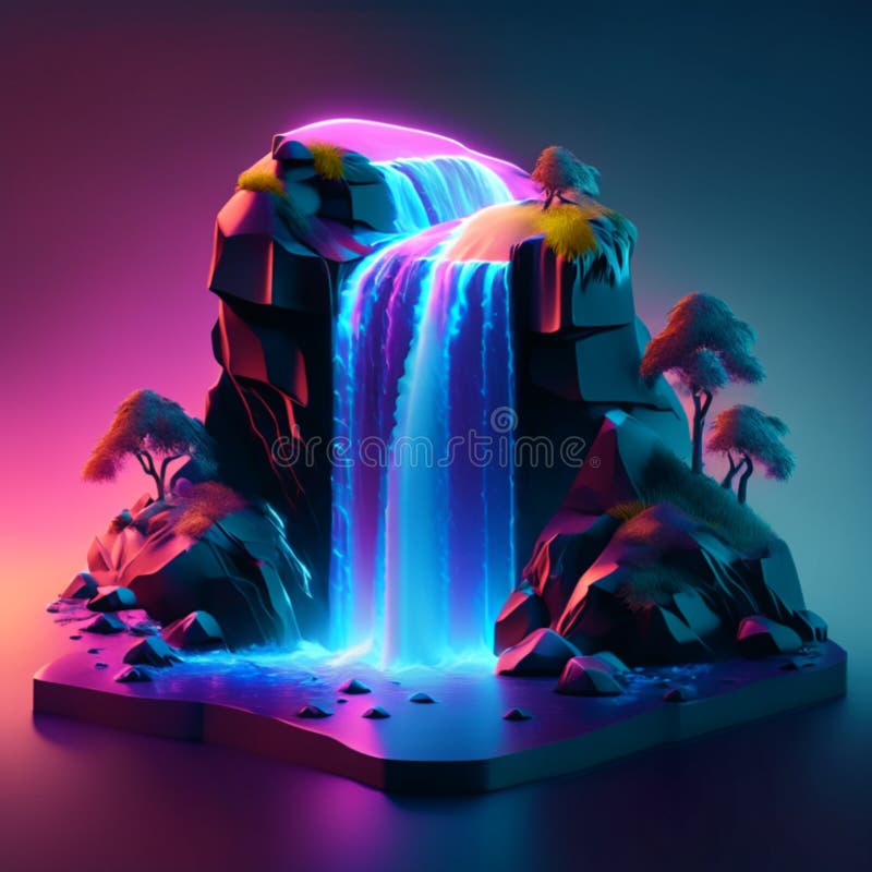 3d Illustration of a Waterfall in a Dark Forest with Neon Lights ...