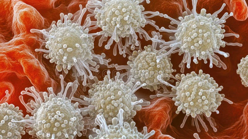 3d Illustration of White Blood Cells Attacking Cancer Cells on Red ...