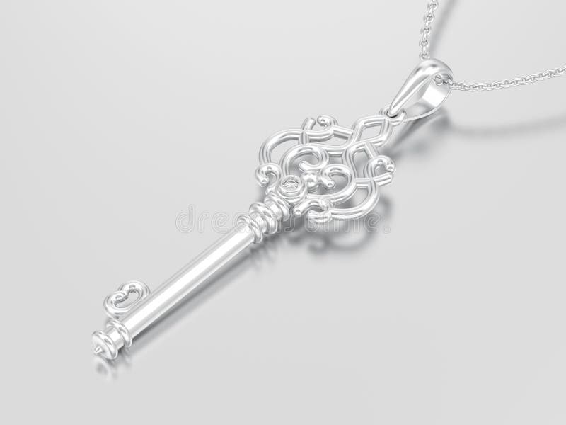 3D Illustration White Gold or Silver Decorative Key Necklace on Stock ...