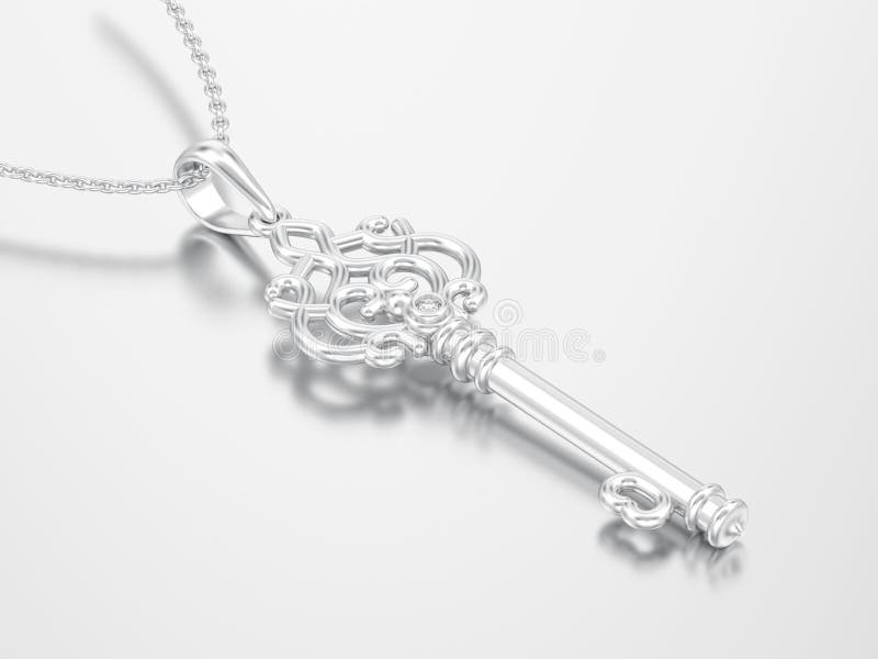 3D Illustration White Gold or Silver Decorative Key Necklace on Stock ...